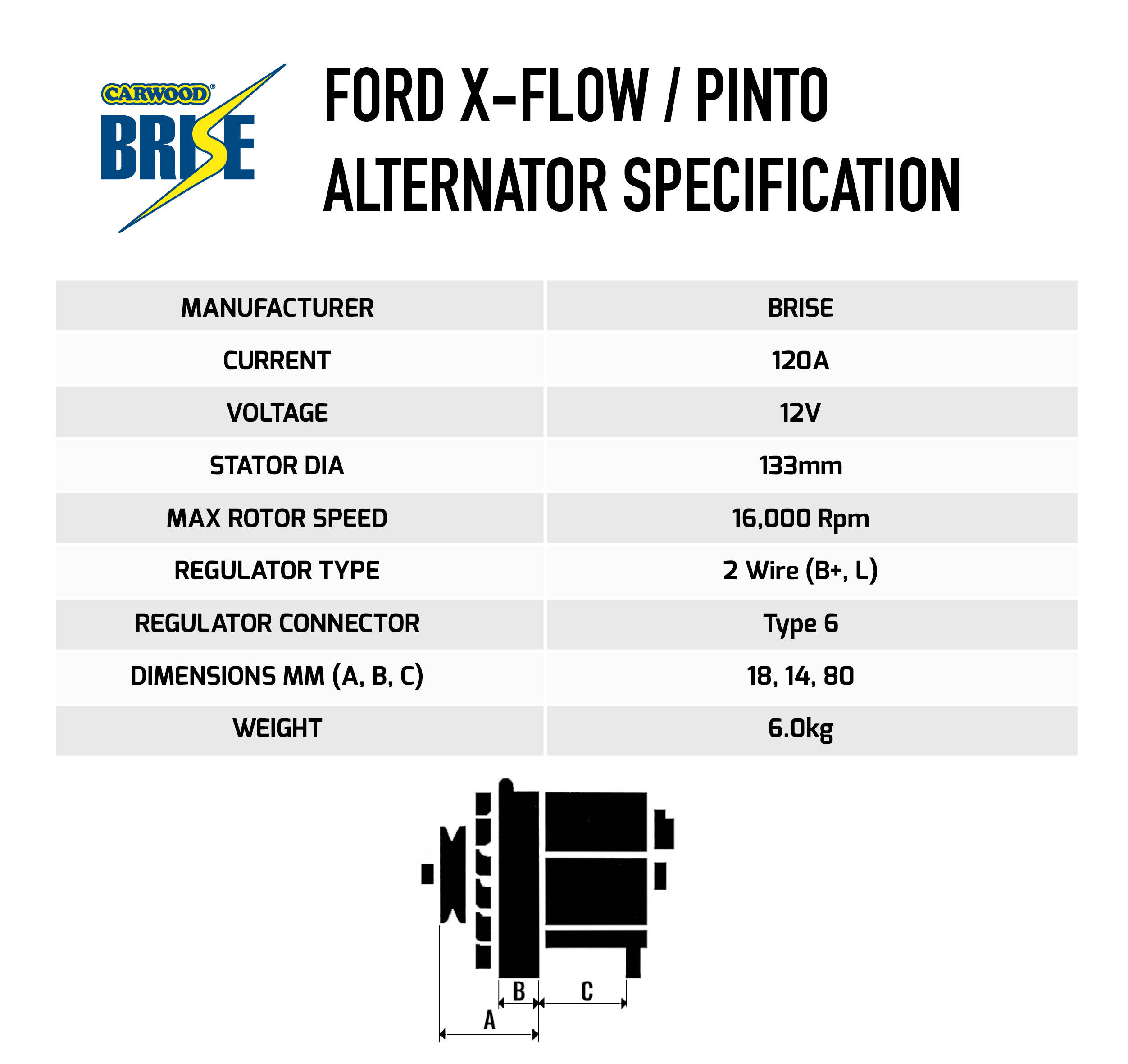 Buy Brise 12V Competition Alternator 120Amp - Ford Pinto / X-flow / BDA ...